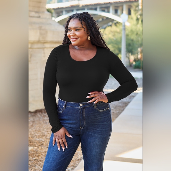 Basic Bae | Tops | Basic Bae Designer Black Full Size Round Scoop Neck Long Sleeve Bodysuit ...